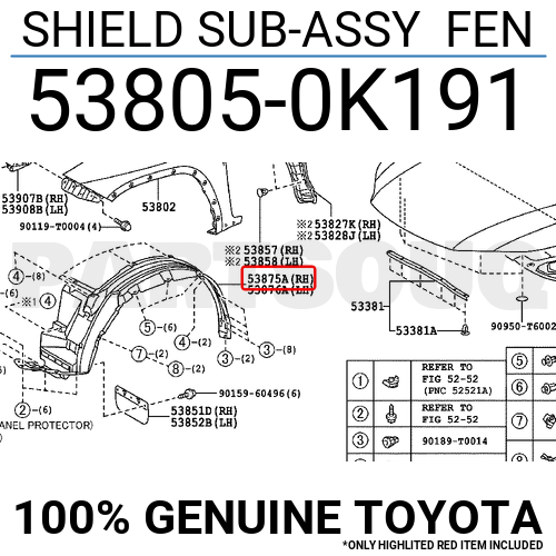 538050K191 Genuine Toyota SHIELD SUB-ASSY FEN 53805-0K191 | eBay
