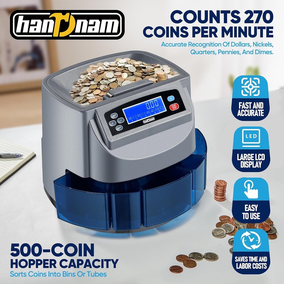 Coin Counter Machine Electric Coin Sorter Sort 270 Coins/Minute 500 ...