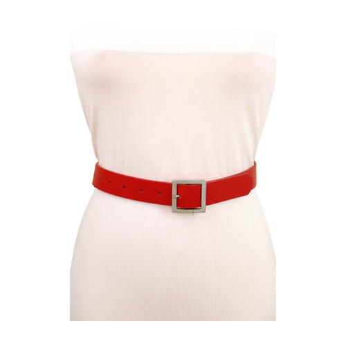 Women Red Faux Leather Skinny Classy Fashion Belt Silver Square Metal ...