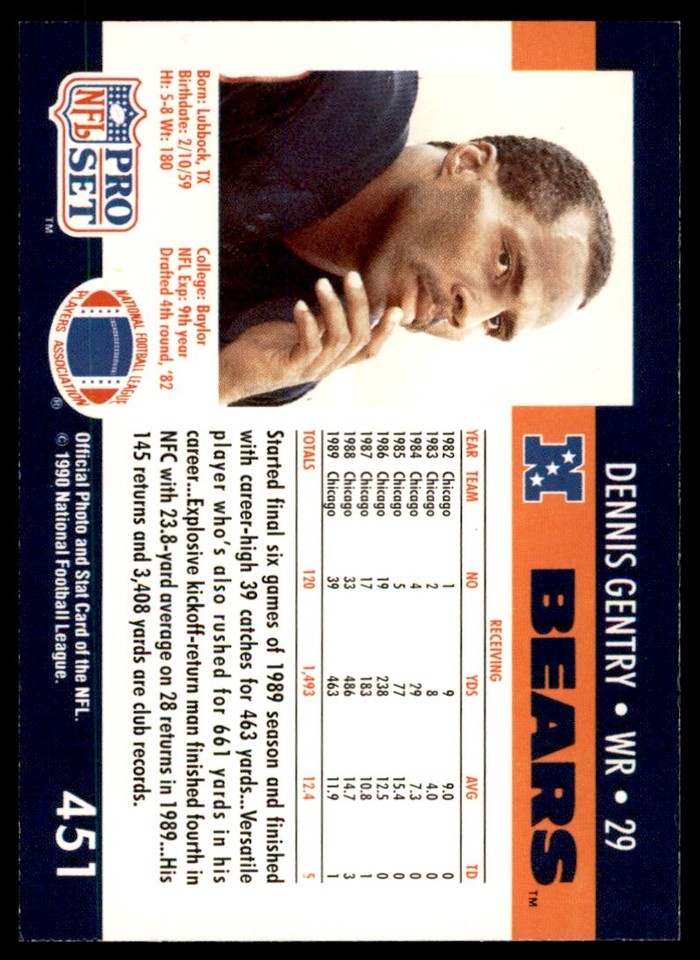 1990 Pro Set Dennis Gentry Chicago Bears #451 | eBay