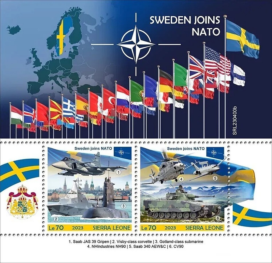 SWEDEN JOINS NATO Aircraft & Warship / Map & Flag Stamp Sheet 2023 ...