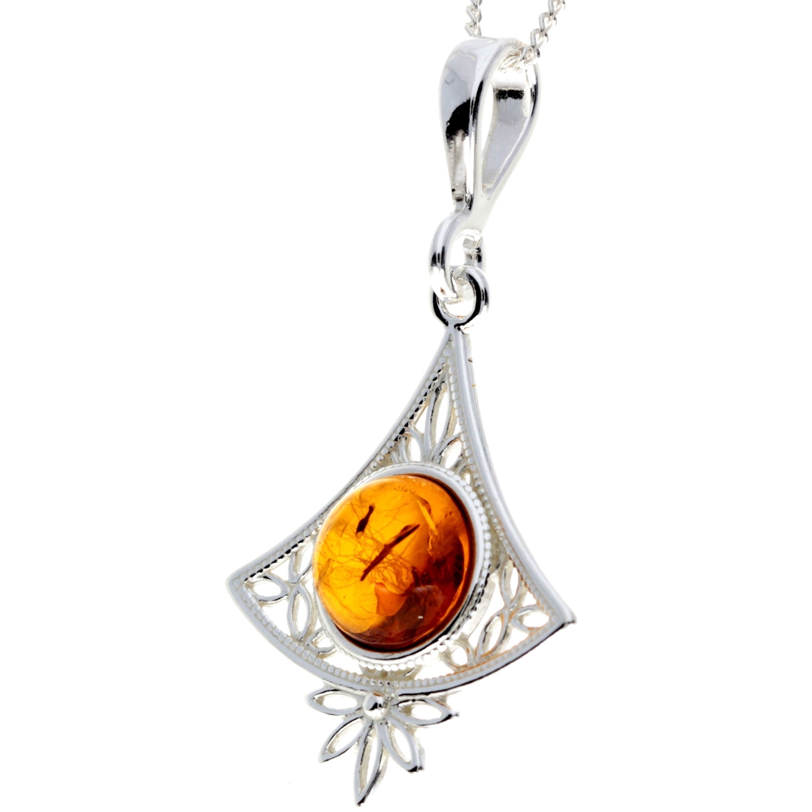 925 Sterling Silver & Genuine Baltic Amber Round Stone Modern Pendant ...