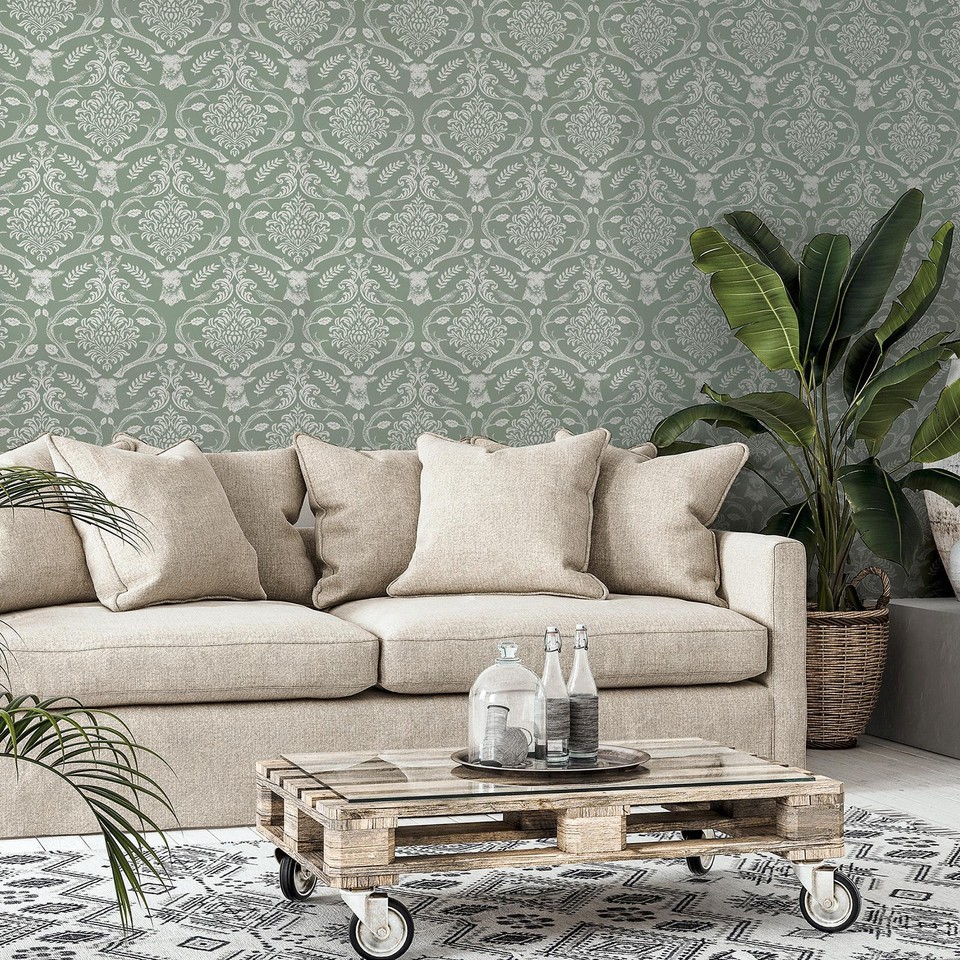 Woodland Damask Wallpaper 923706 Green Stag Head Birds Floral Leaf ...