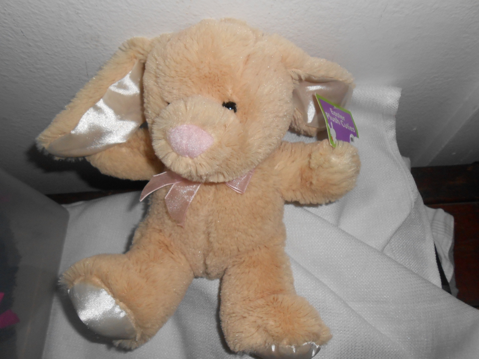 GOFFA TAN CREAM IVORY PINK NOSE BUNNY RABBIT PLUSH RIBBON LOVEY NWT NEW ...