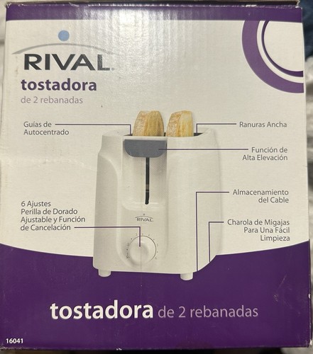 NIB Rival 2 Slice Toaster, White, Wide Slots, 6 Settings&Cord Storage ...
