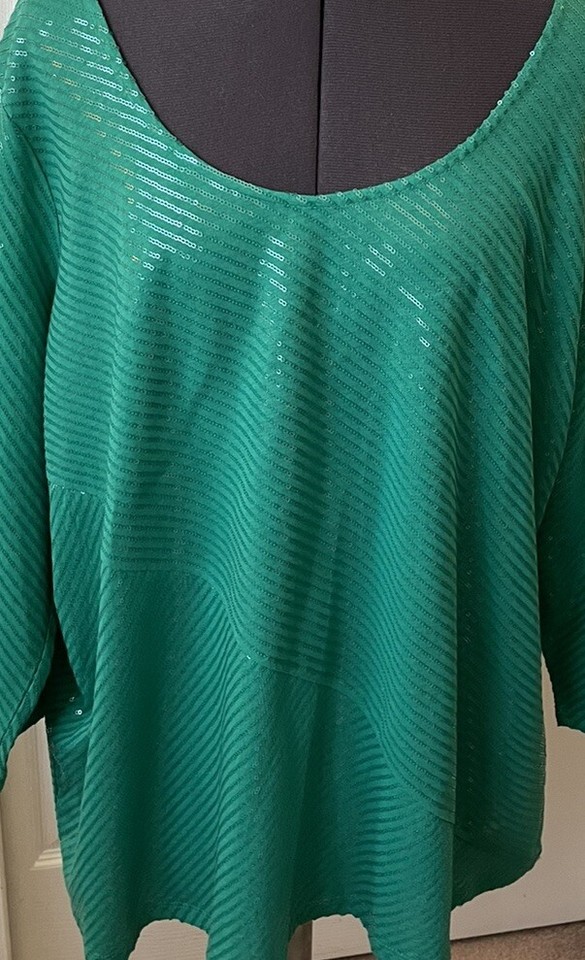 CALVIN KLEIN Green Crew Neck Sequin Covered 3/4 Sleeve Cotton Top 2X ...