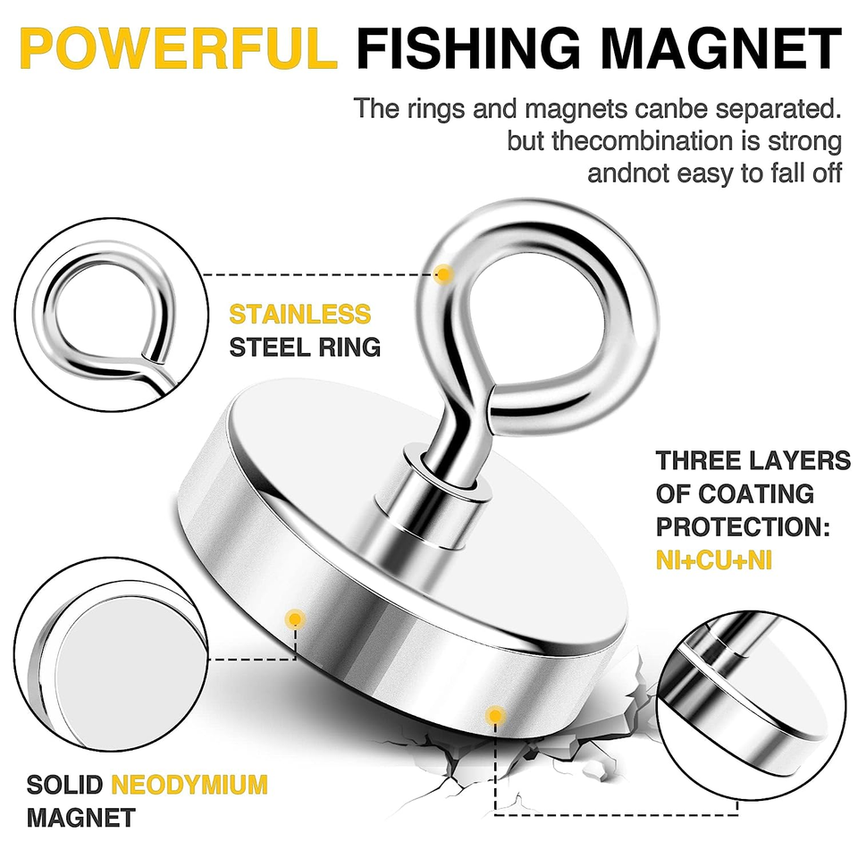 Fishing Magnets, 200 Lbs(90 KG) Pulling Force Rare Earth Magnet with ...