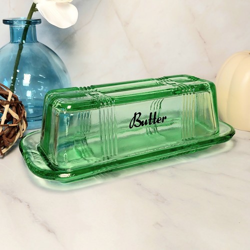 Green Depression Style Glass Covered Butter Dish, Vintage, Kitchen ...