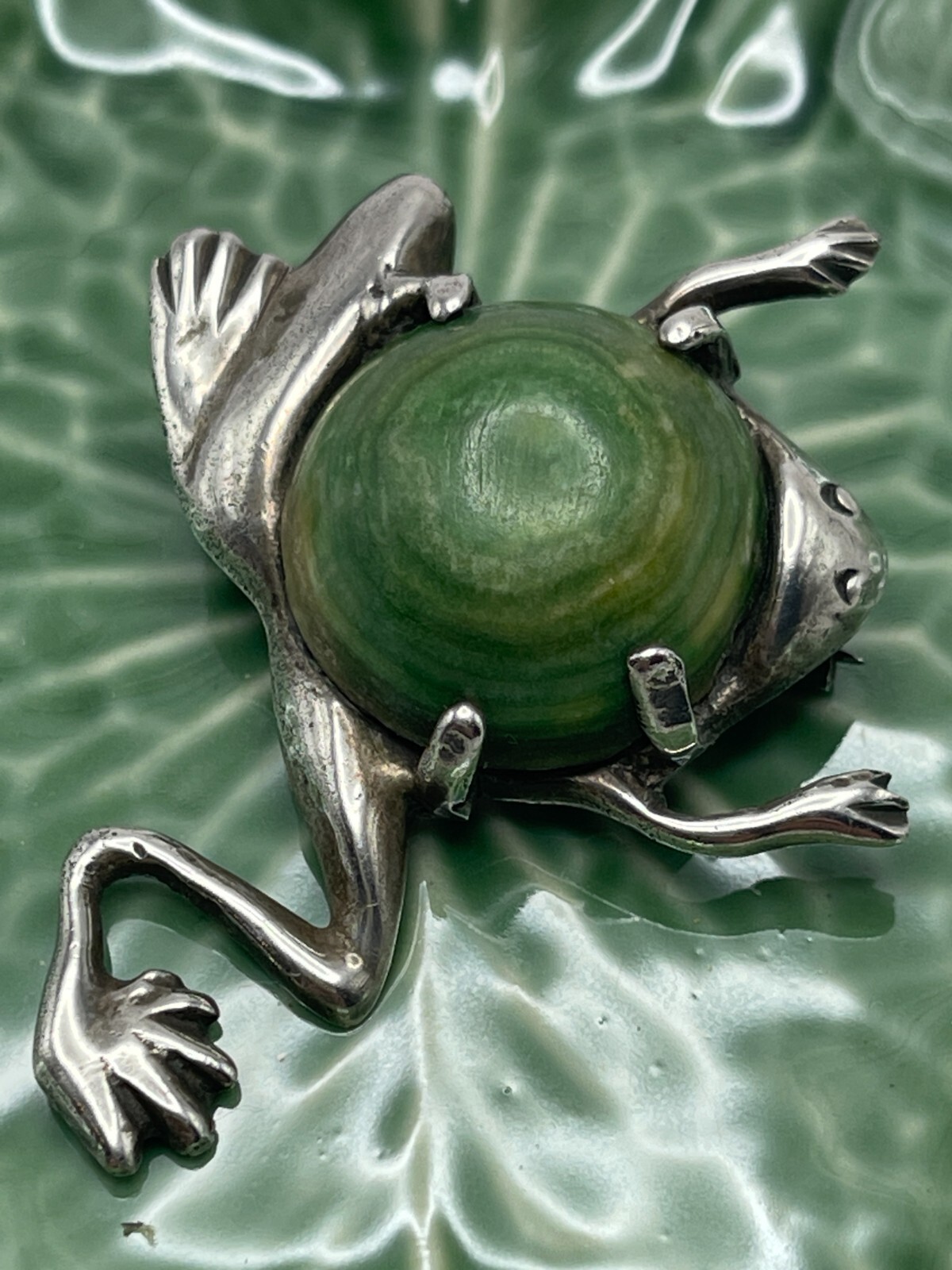 1940s Sterling Silver and Malachite/Jasper/Agate Frog… - Gem