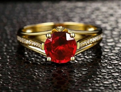 2 Ct Round Cut Simulated Red Ruby Women's Wedding Ring 14K Yellow Gold ...