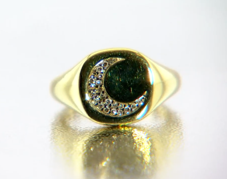Sterling Silver Gold-plated Champagne Diamond Crescent Moon Signet Ring ...