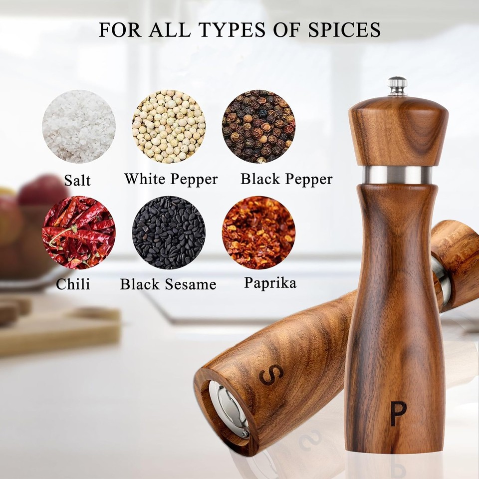 Wooden Salt and Pepper Grinder Set Manual Pepper Mill Refillable Salt ...