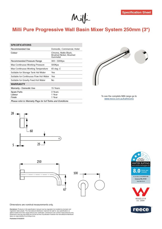 Milli PURE PROGRESSIVE BASIN MIXER SYSTEM Matte Black- 160mm, 200mm Or ...