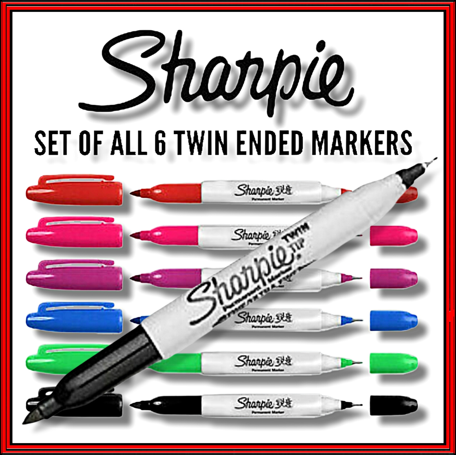 Sharpie Permanent Marker Twin tip Pens x 6 Includes Black Fine & Ultra ...