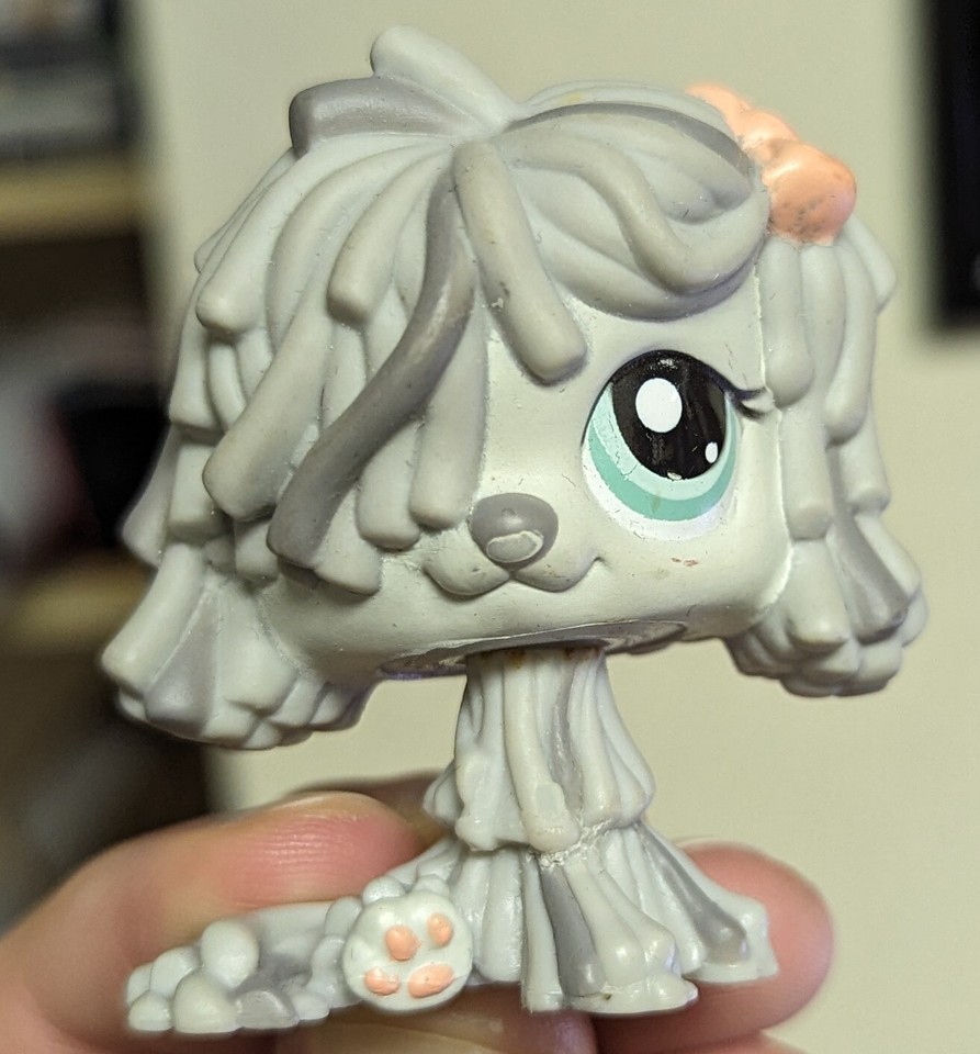 Littlest Pet Shop LPS Grey Komondor Mop Dog 1458 Pink Bow Authentic | eBay