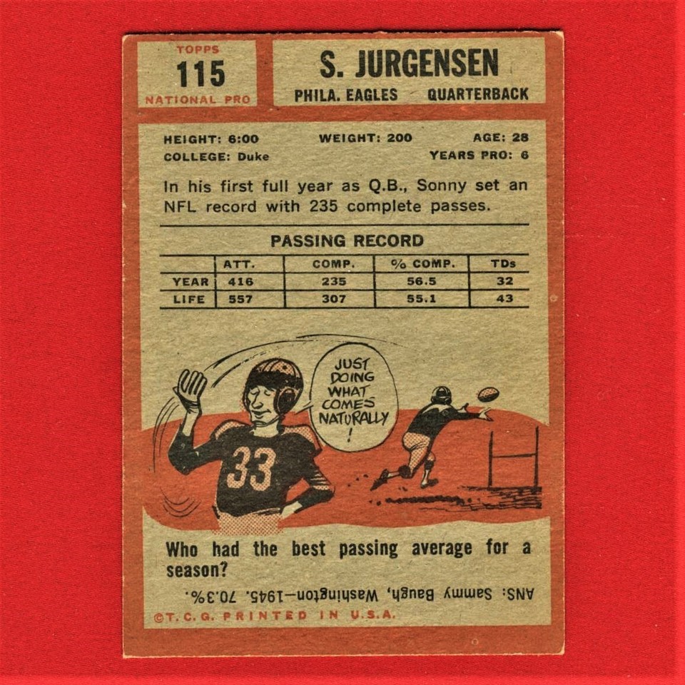 Sonny Jurgensen - Eagles - 1962 - Topps - #115 - (EX) - A8 | eBay