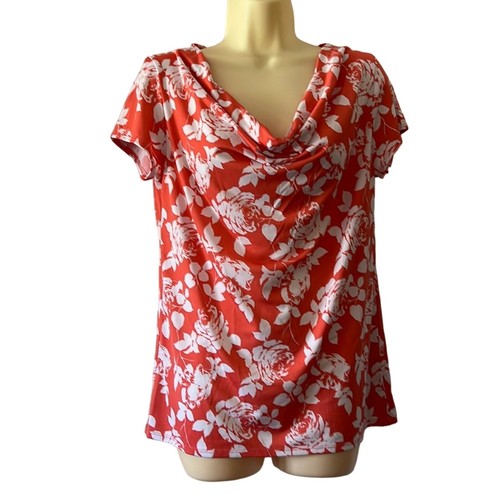 Carol Rose Coral and White Floral Print Knit Top Woman Size Medium ...