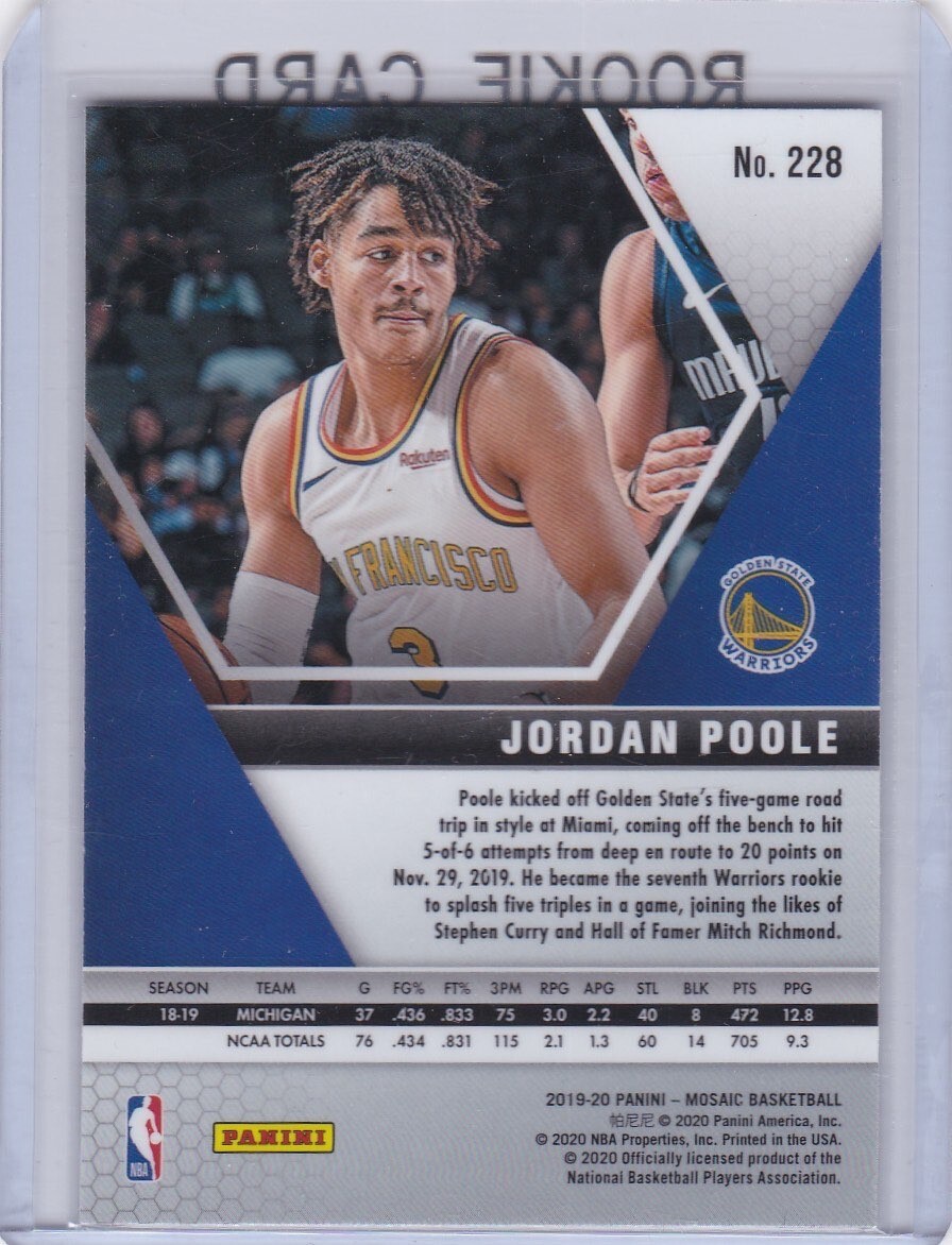 JORDAN POOLE ROOKIE CARD Golden State Warriors 2019/20 MOSAIC ...