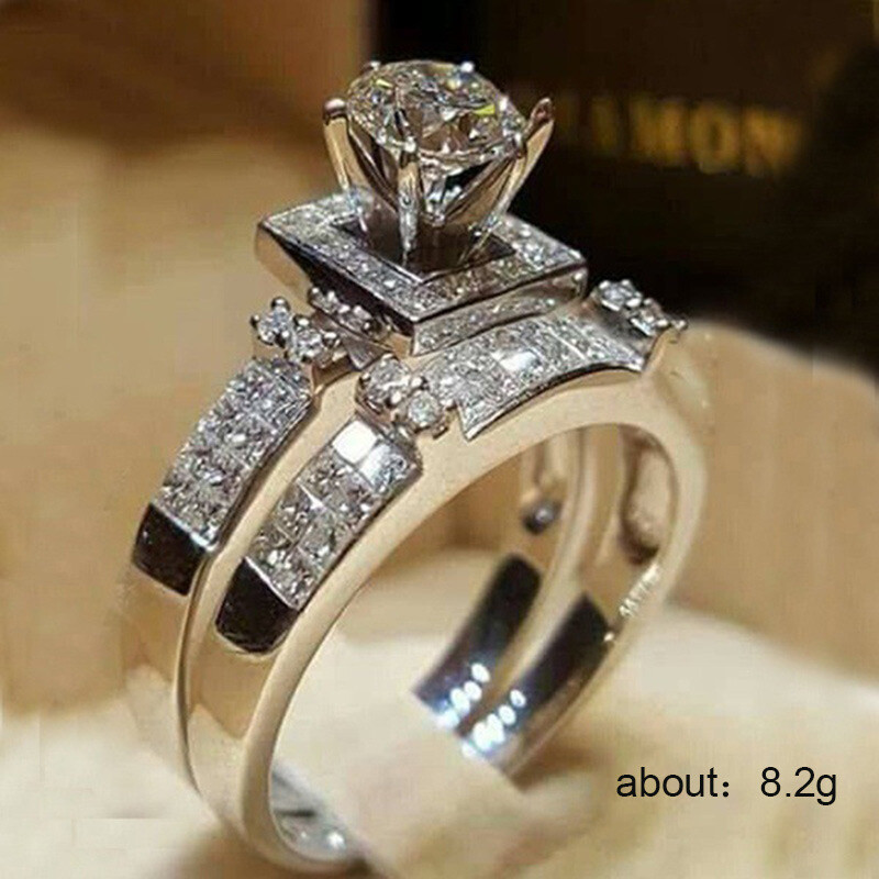 Fashion Women 925 Silver Filled Wedding Set Ring Round Cut Cubic Zircon ...