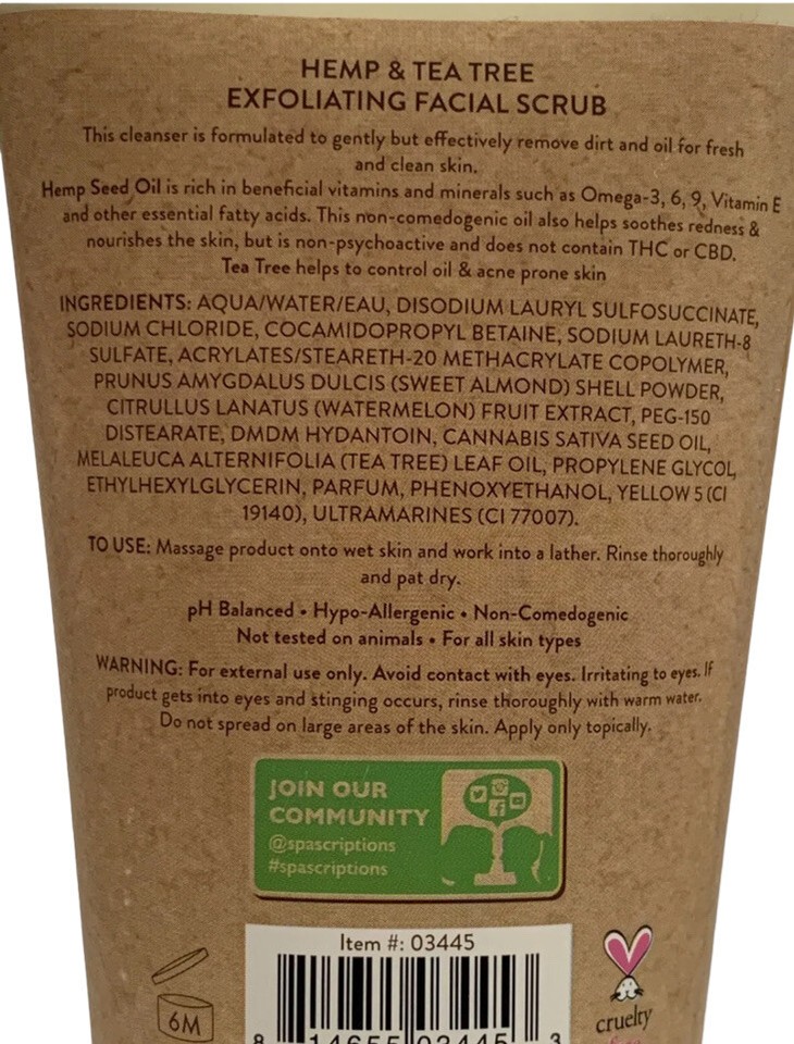 SpaScriptions HEMP & Tea Tree EXFOLIATING Skin Clearing Facial Scrub 5 ...