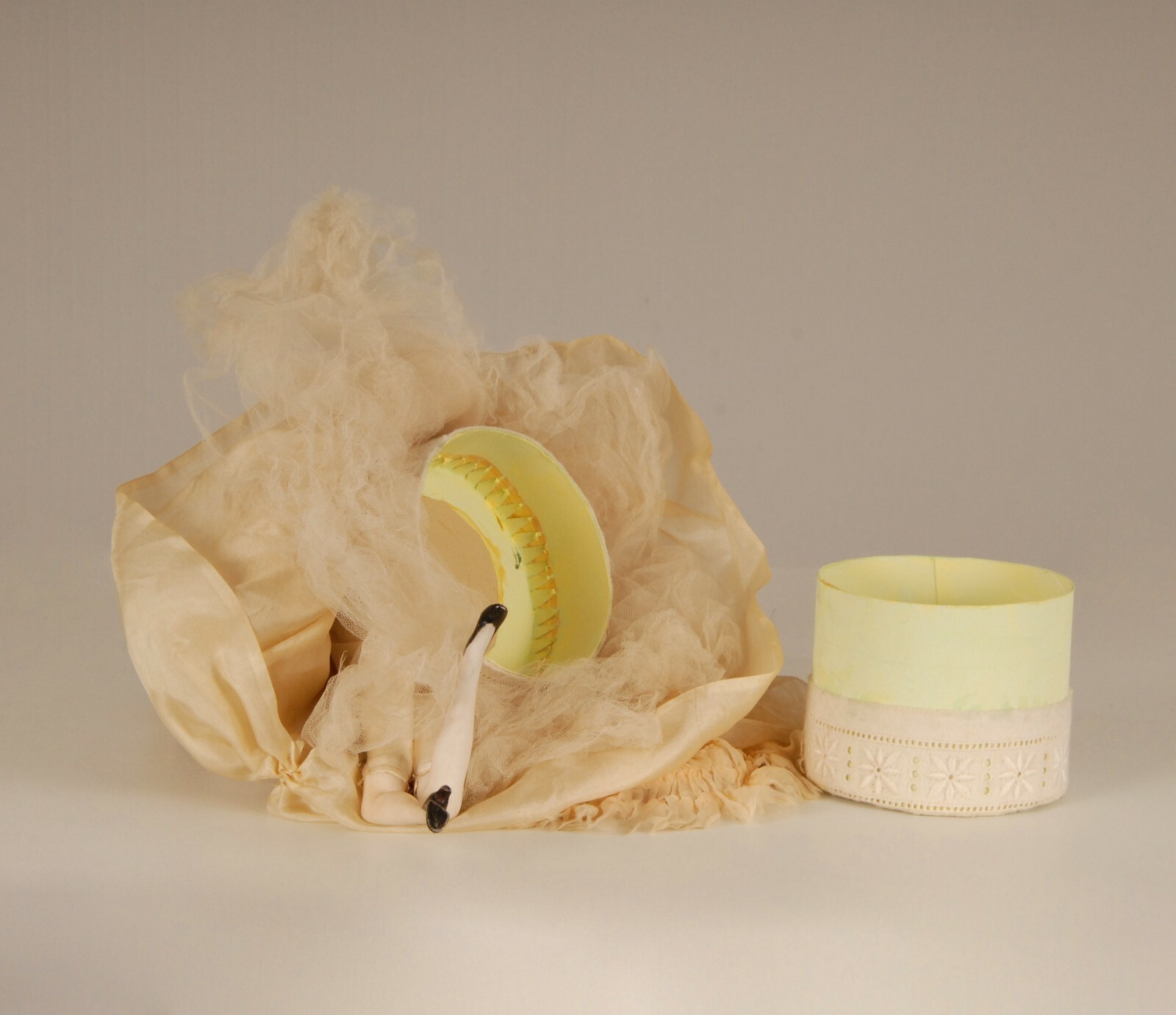 Antique German porcelain half doll arms away trinket box jewelry silk ...