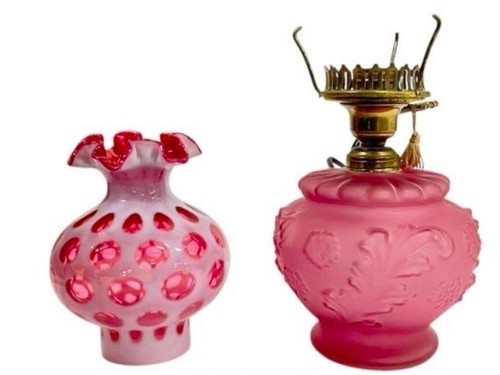 Vintage Fenton Cranberry Pink Coin Dot Glass Lamp with Base & Shade | eBay