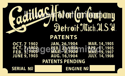 Cadillac Data Plate Brass Early 1908 1909 1910 Reproduction Version 1 ...