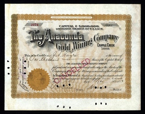1892 Colorado - David Moffat signs Anaconda Gold Mininig RARE Stock ...