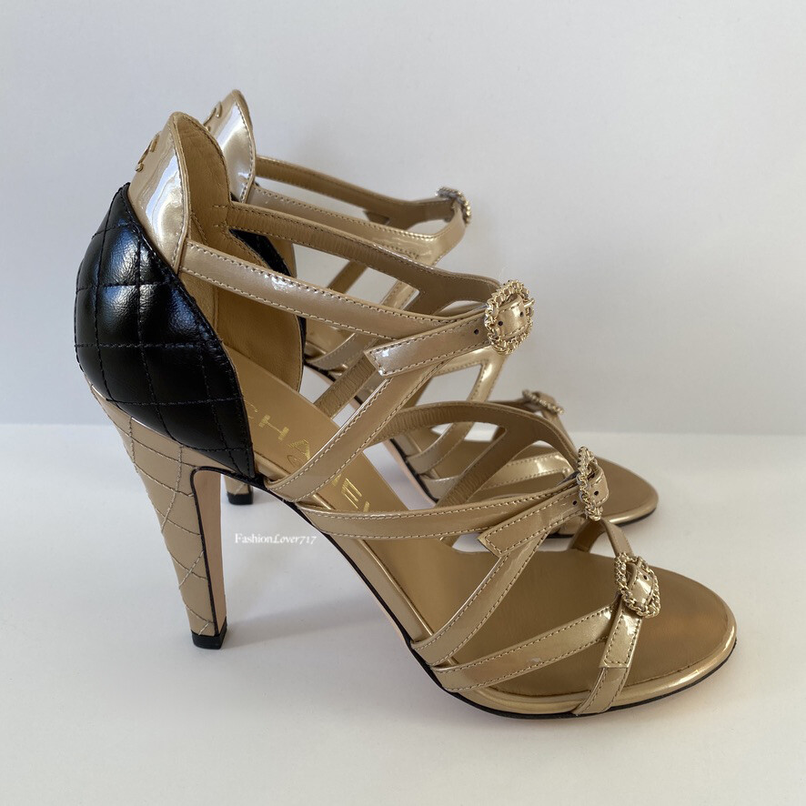 NIB 17C CHANEL BEIGE BLACK LEATHER QUILTED HIGH HEEL STRAPPY SANDALS 35 ...