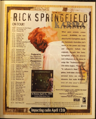 RICK SPRINGFIELD 1999 U.S. TOUR ORIGINAL (UNFRAMED) 1999 magazine PROMO ...