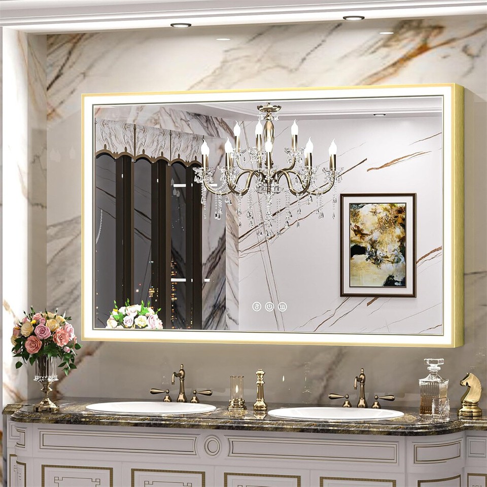 Extra Large LED Bathroom Mirrors Front Light Gold Aluminum Framed ...