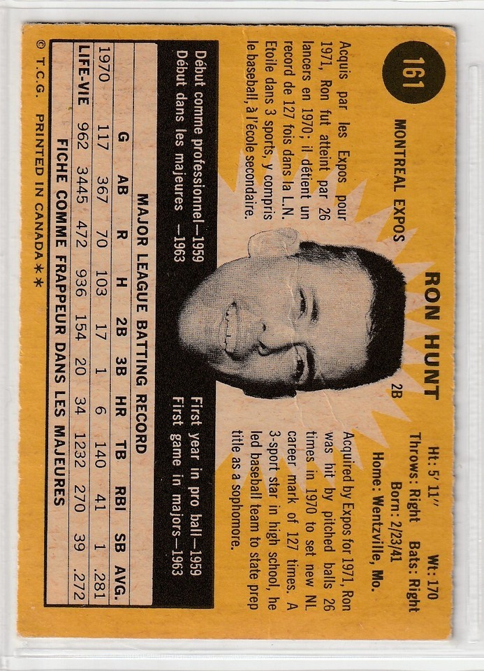 1971 O-Pee-Chee Baseball #161 Ron Hunt Montreal Expos | eBay