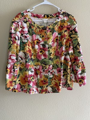 CJ BANKS Floral Unlined Button Up Light Coat Jacket XL Bell Sleeve 100% ...