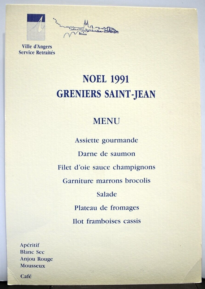1991 Ville d'Angers Pension Service Department Christmas Banquet Menu ...