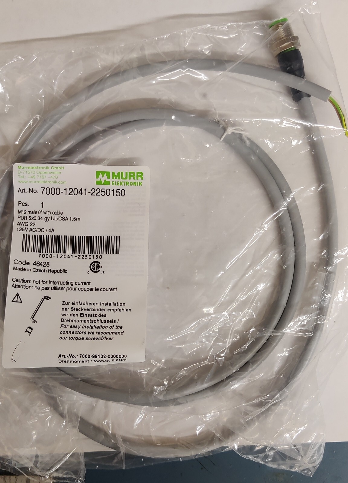MURR ELEKTRONIK 7000-12041-2250150 M12 5 Pin Male 1.5 Meters Long PUR ...