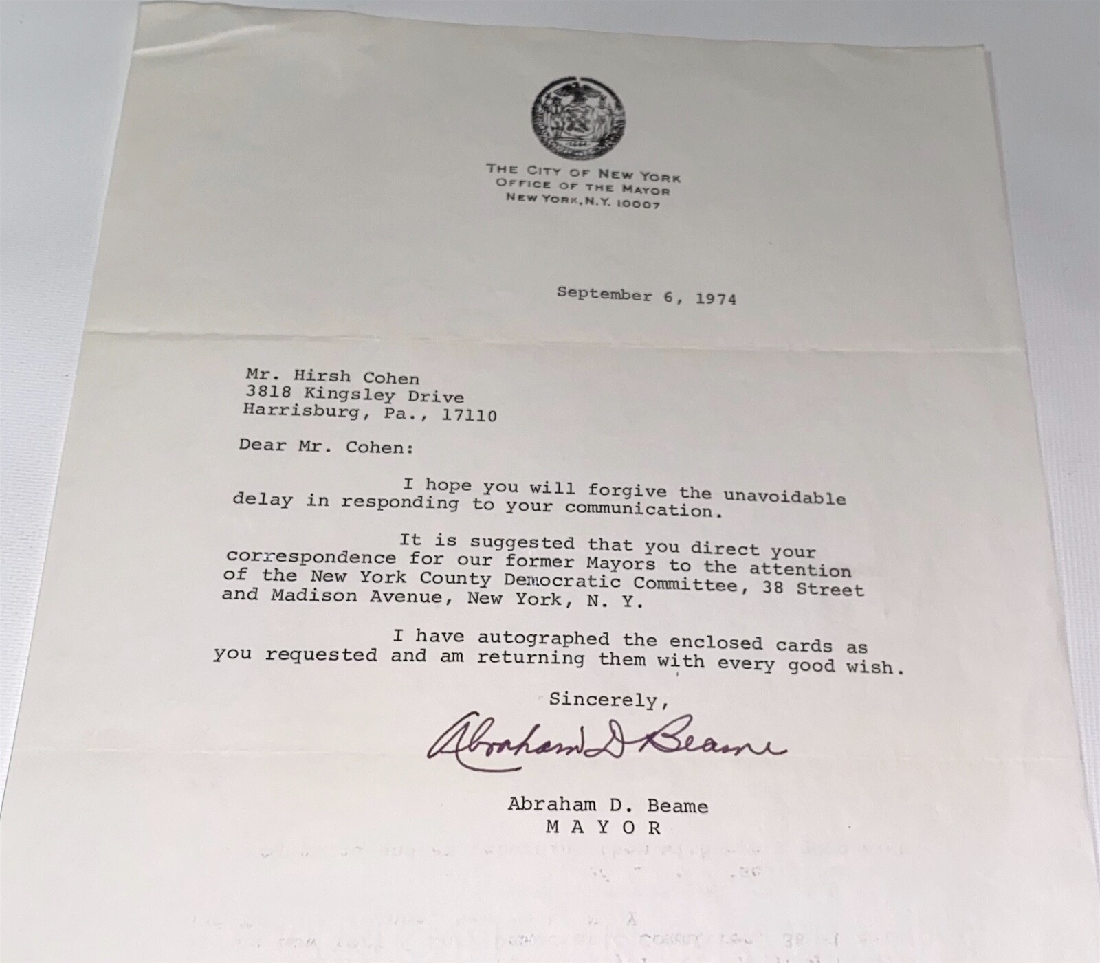 Rare Vintage American Political Abraham Beame Mayor of New York City ...