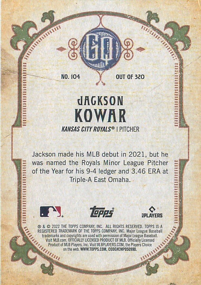 Jackson Kowar RC 2022 Topps Gypsy Queen MLB Rookie Card #104 Kansas ...
