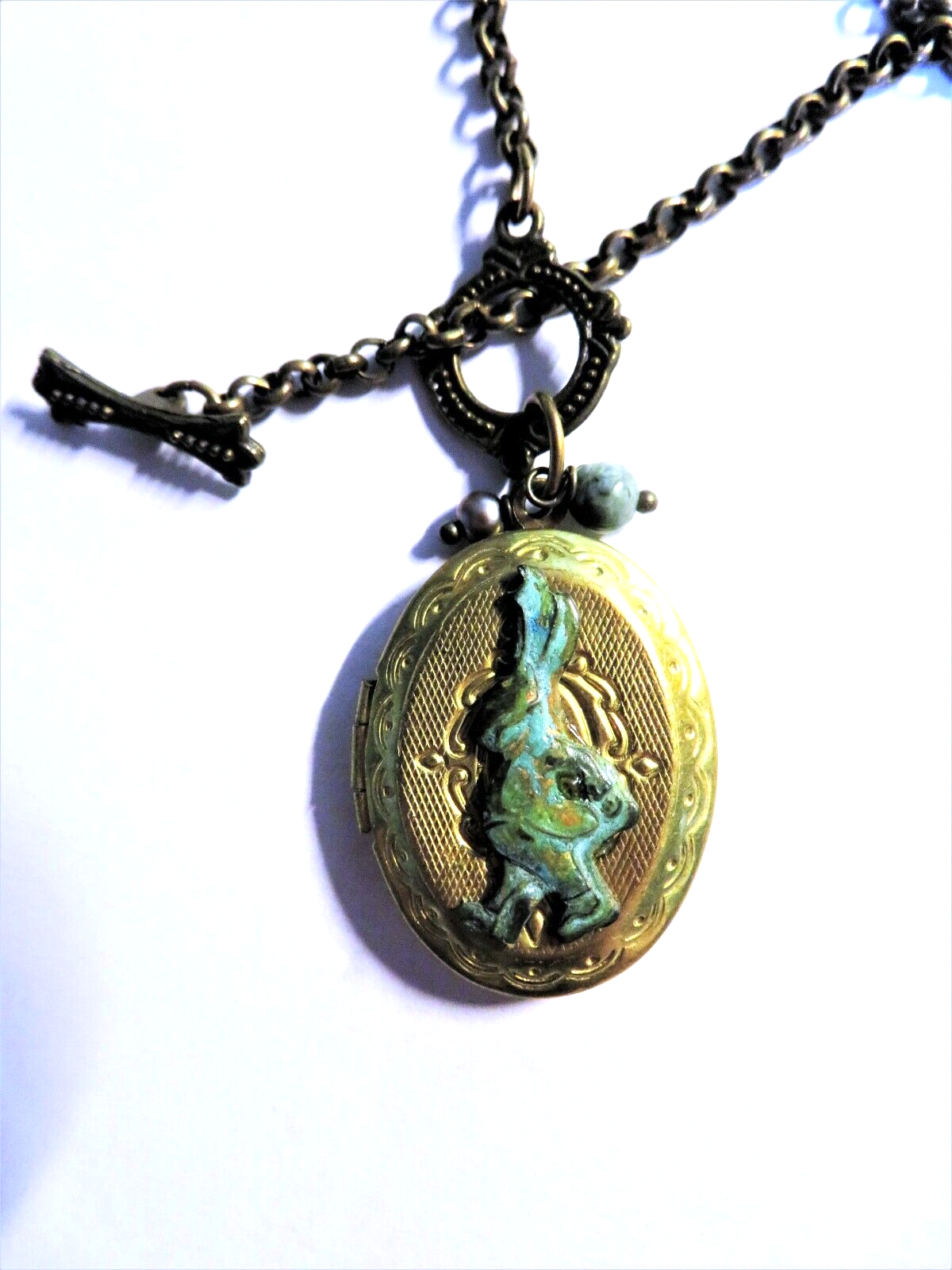 Locket Pendant Necklace Applied Verdigris Rabbit Toggle Clasp Link ...