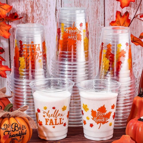 100 Pcs Thanksgiving Plastic Cups Bulk 12oz Fall Disposable Cups Autumn ...