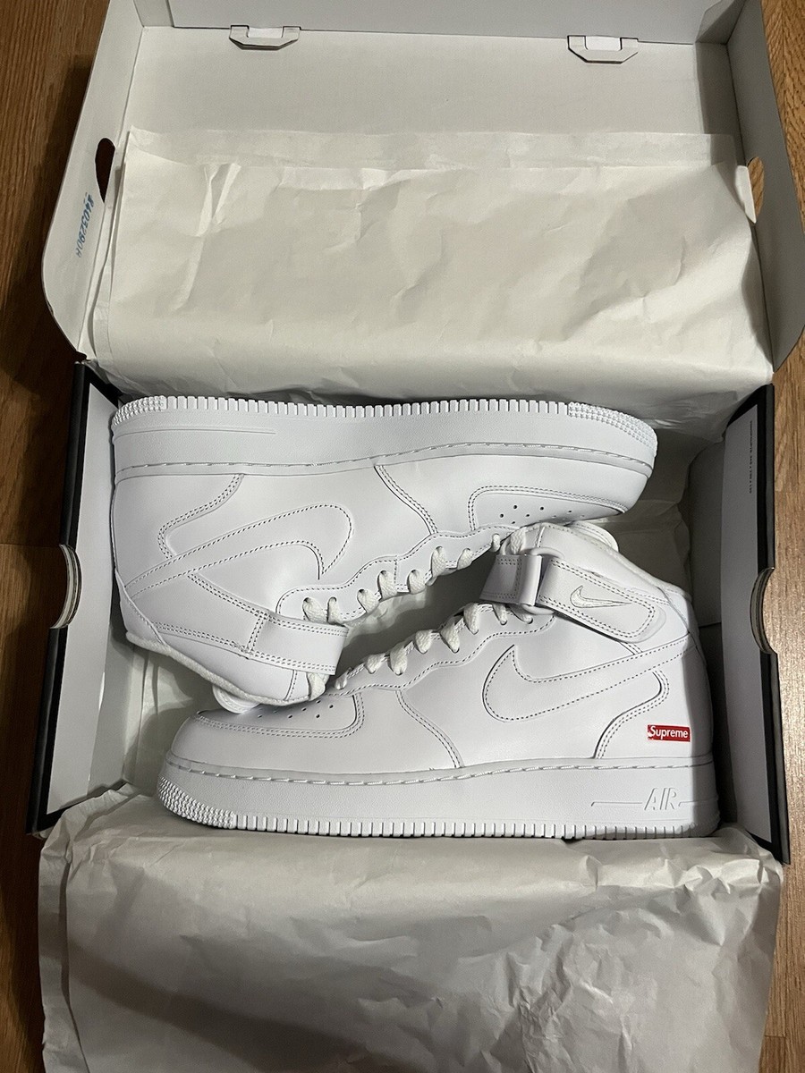 Supreme x Air Force 1 Mid 'Box Logo 10.5- Triple White Supreme x Air Force 1 Mid 'Box Logo 10.5- Triple White