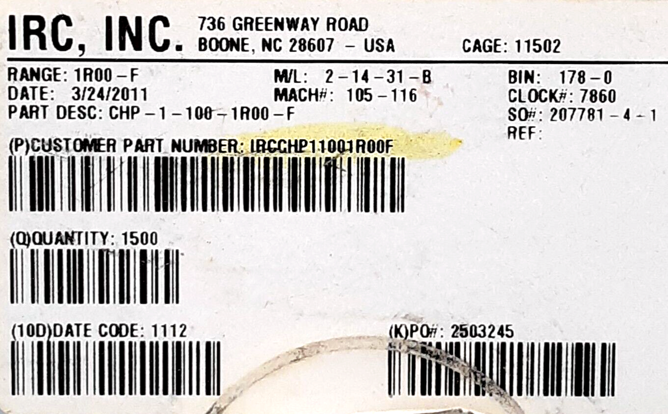 IRC Inc. CHP-1-100-1R00-F Resistor - Roll of 1500 | eBay
