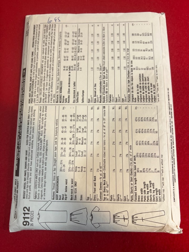 Simplicity 9112, Size M, Misses' Dress, Top, Pants, Shorts, Skirt, New ...