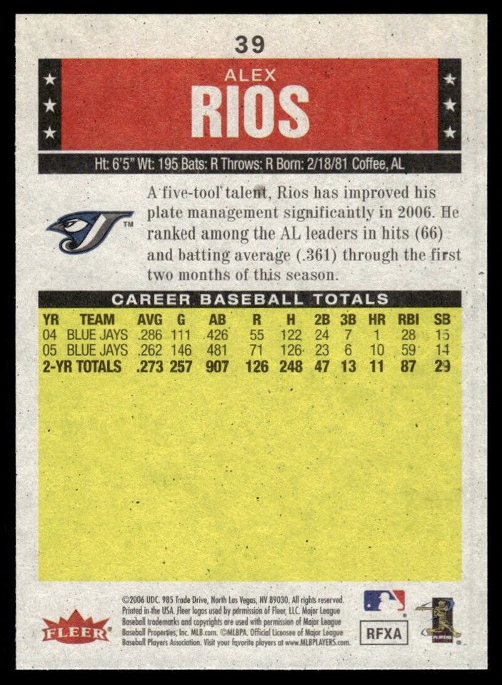2006 Fleer Tradition Sepia Alex Rios Toronto Blue Jays #39 | eBay