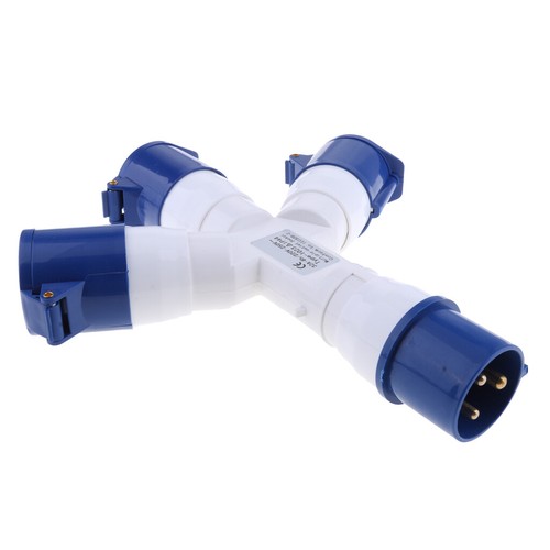 3 Way Splitter 220V 32A 3Pin Blue Industrial Plug Sockets Adaptor IP44 ...