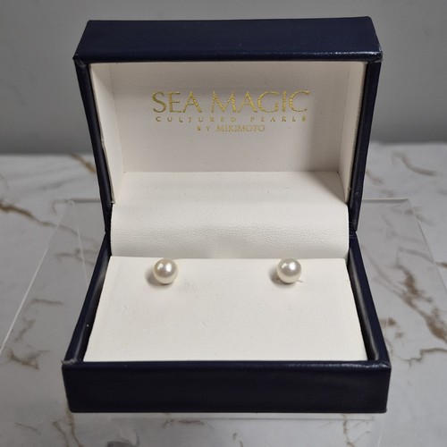 Sea Magic Mikimoto 14K White Gold Cultured Pearl Stud Earrings In Box ...