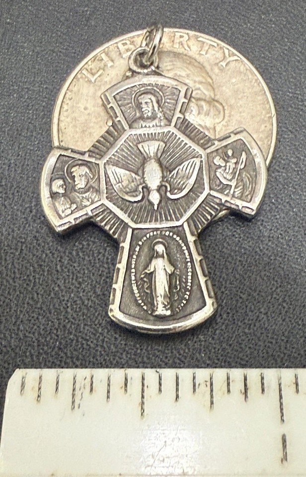 Vintage Sterling Silver Religious 5 Way Cross Holy Spirit Pendant Medal ...