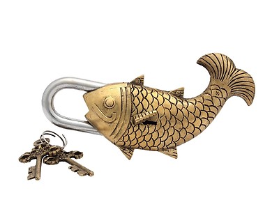 BRASS FISH DOOR LOCK KEY w 2 Keys Garden Secret Lock Functional Unique ...