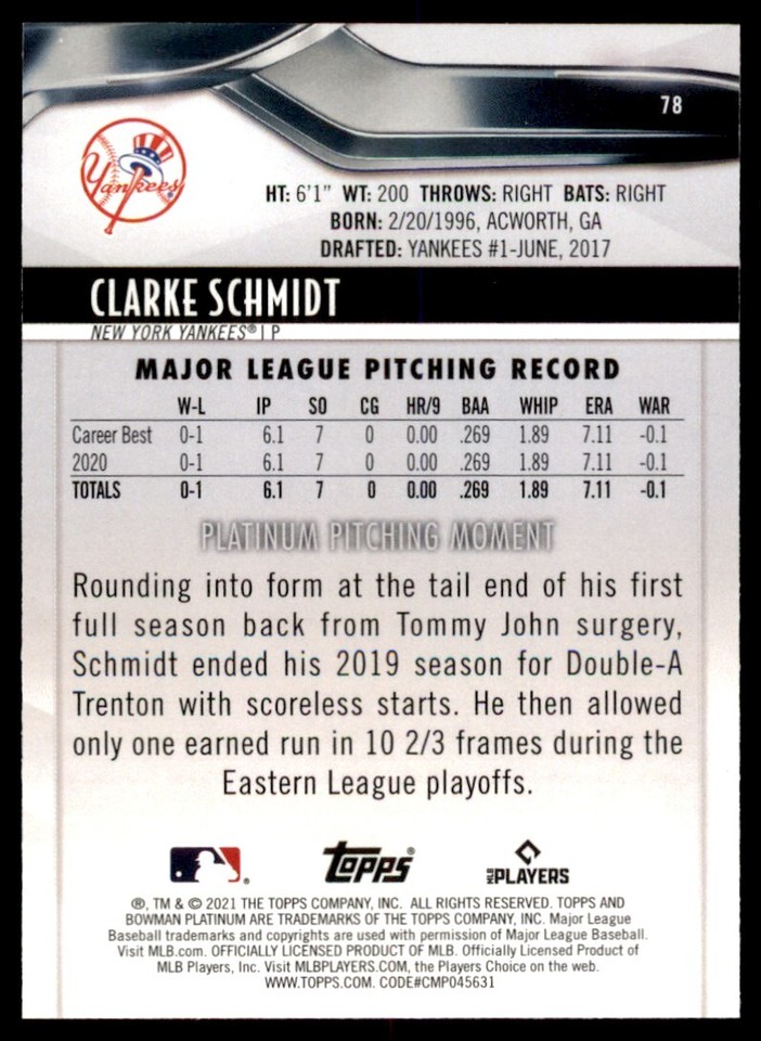 Clarke Schmidt 2021 Bowman Platinum Rookie Card RC #78 New York Yankees ...