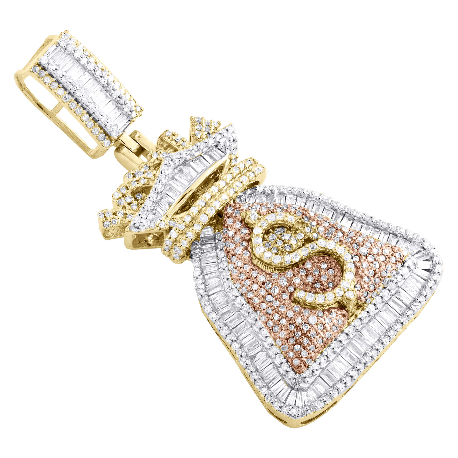 10K Yellow Gold Round & Baguette Diamond Money Bag Pendant 1.75" Charm ...