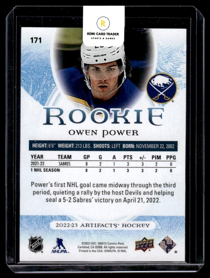 2022-23 Upper Deck Artifacts Rookie Royal Blue Owen Power Rookie 169/ ...